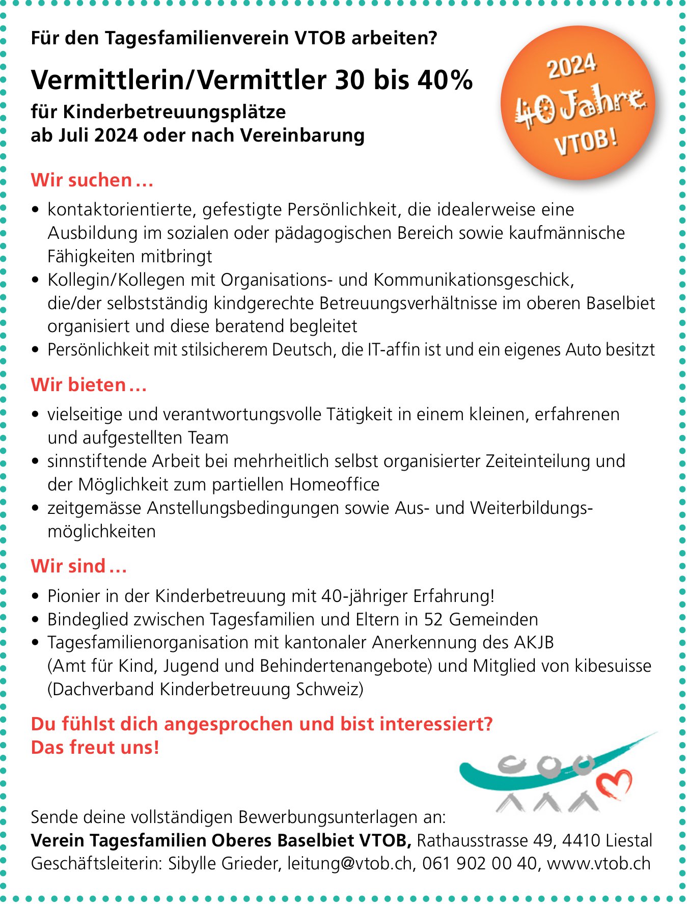 Vermittlerin/Vermittler 30 bis 40% für Kinderbetreuungsplätze, VTOB ...